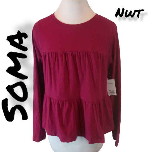Soma | Tops | Nwt Soma Burgundy 3 Tier Babydoll Long Sleeve Top | Poshmark